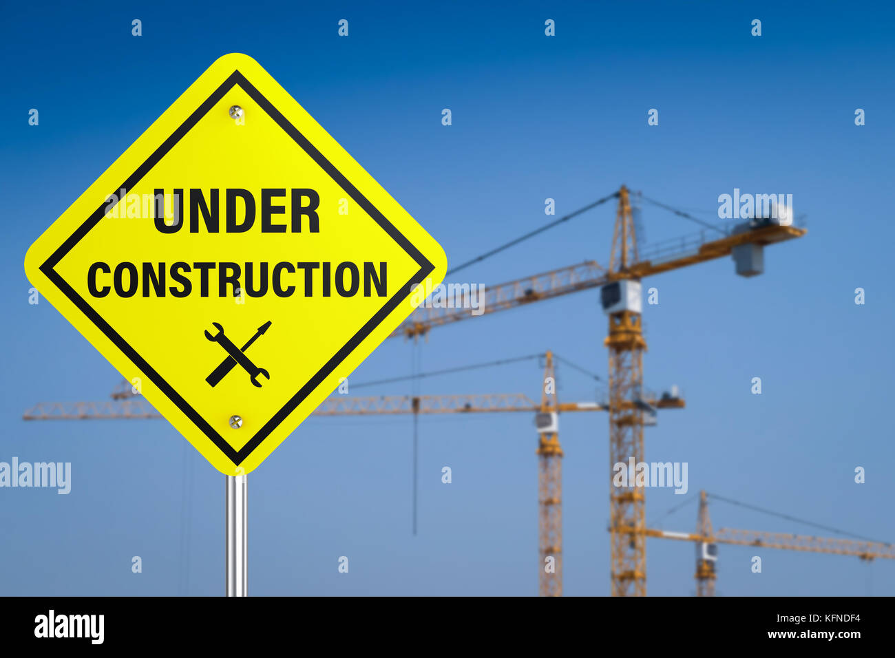 3d rendering under construction sign with construction site background ...