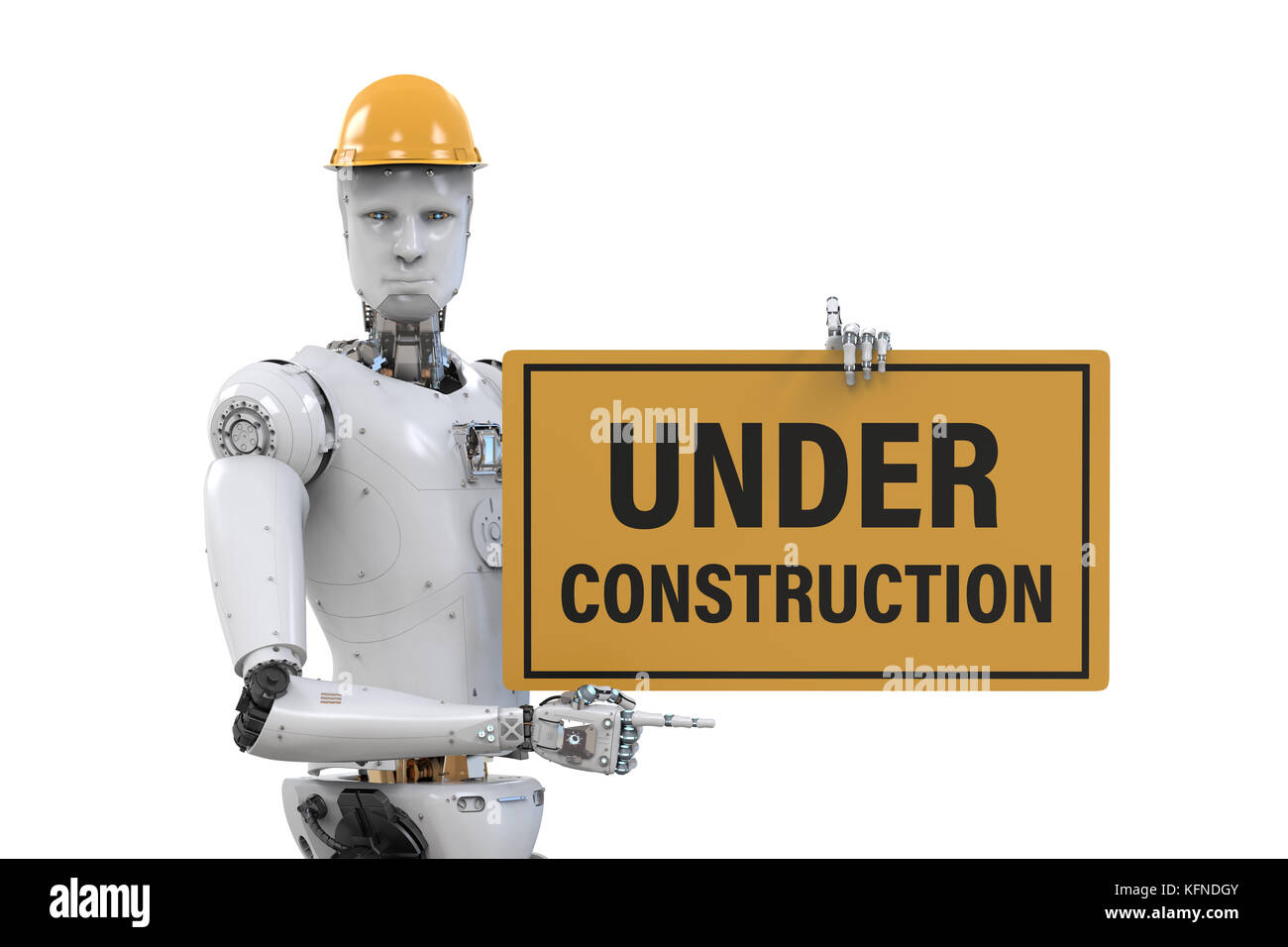 3d rendering robot holding under construction sign Stock Photo - Alamy