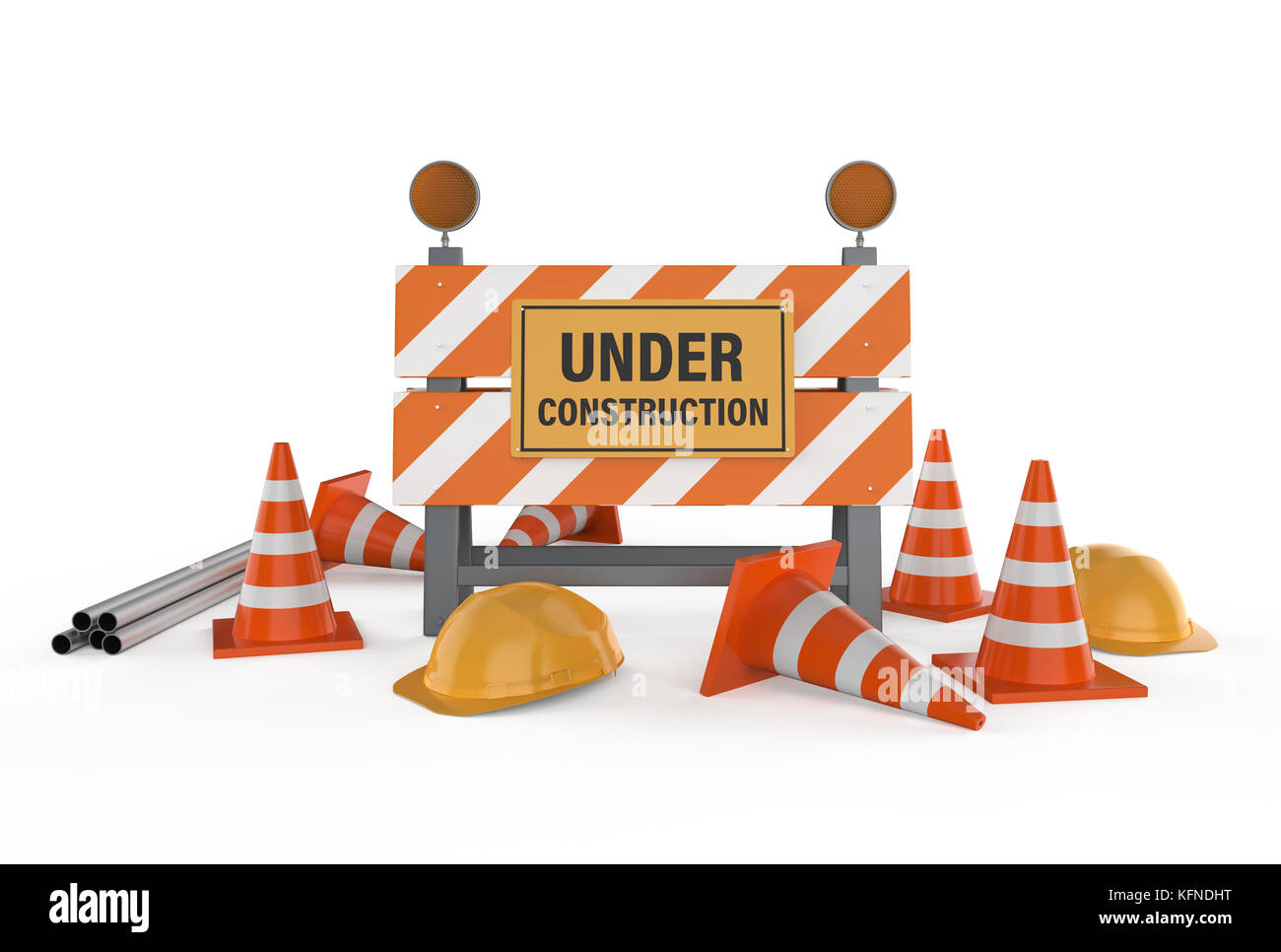 3d rendering under construction sign with construction barrier and ...
