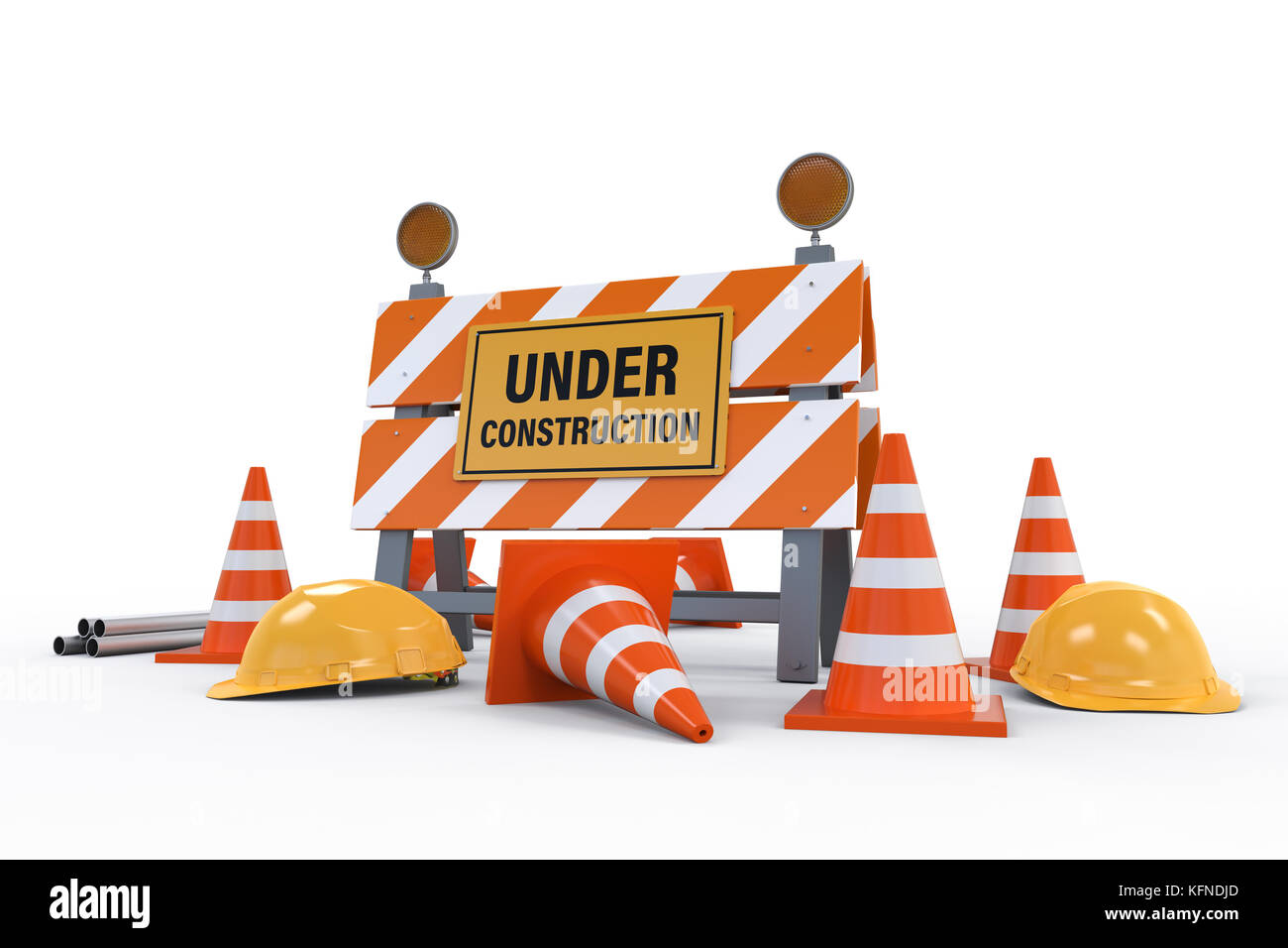 3d rendering under construction sign with construction barrier and ...