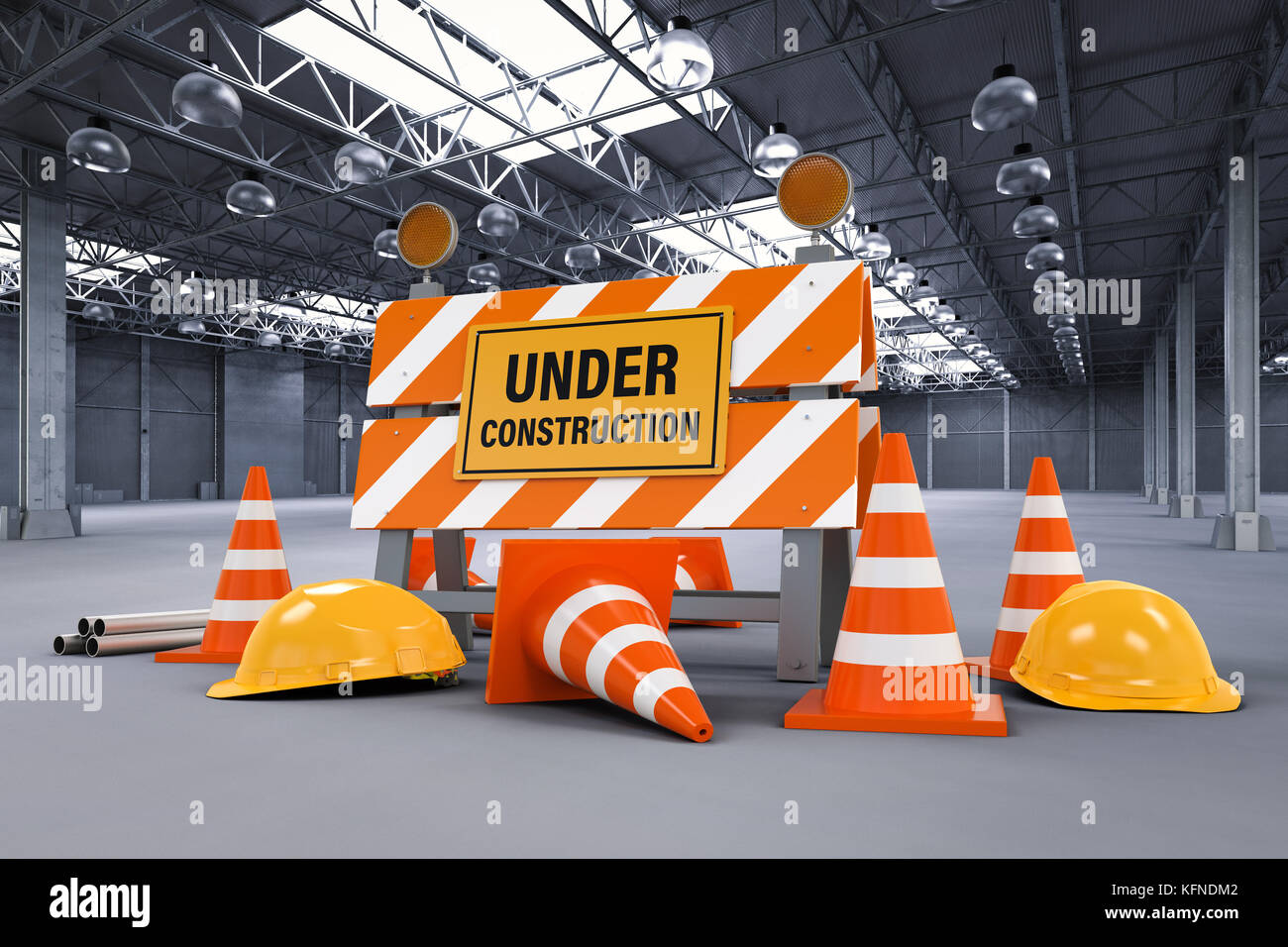 3d rendering under construction sign with construction barrier and ...