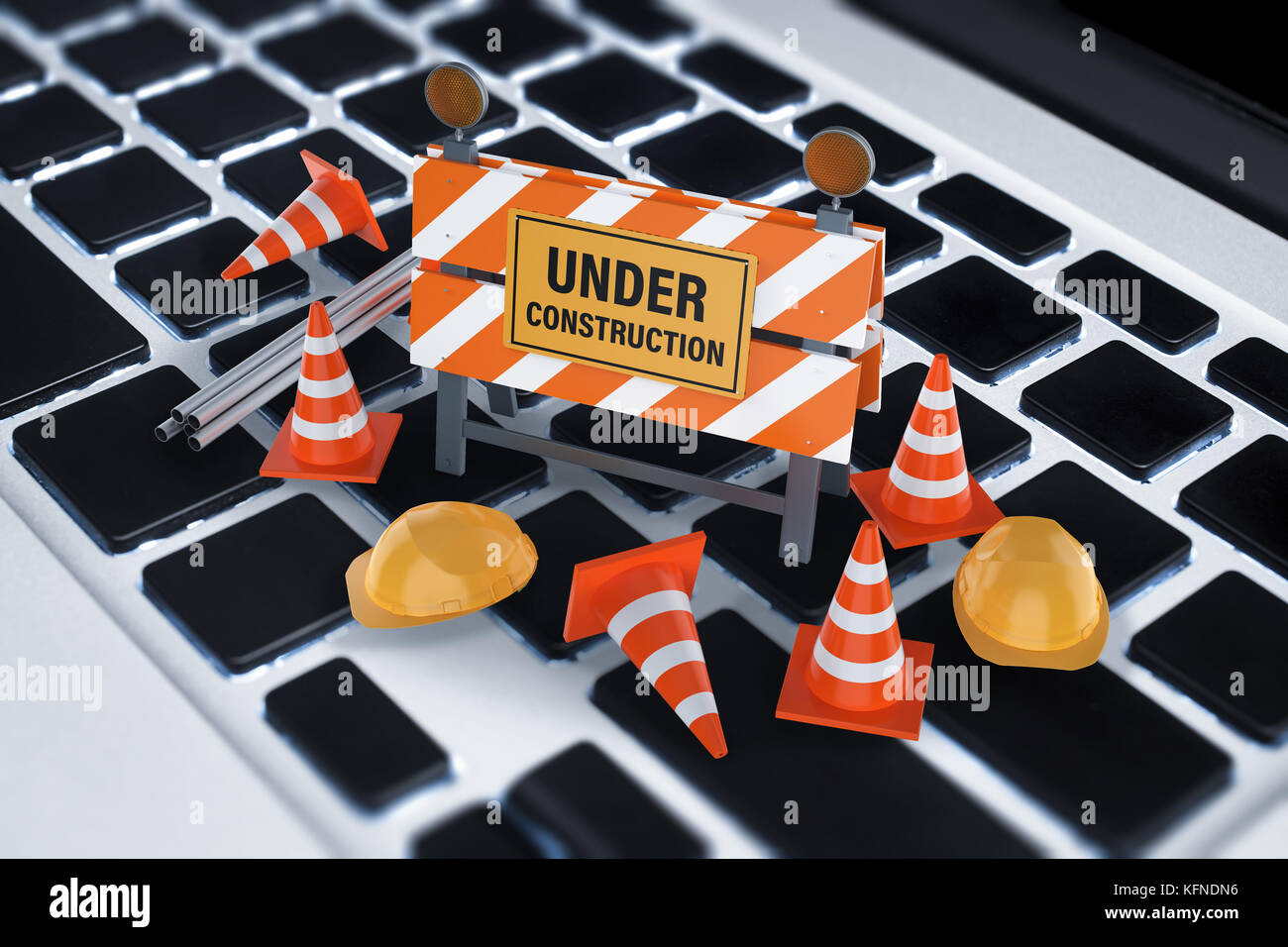 3d rendering under construction sign on computer keyboard Stock Photo ...
