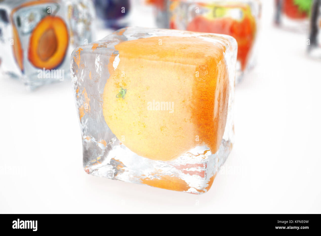 Orange in ice cube isolated on white with depth of field effects. Ice ...