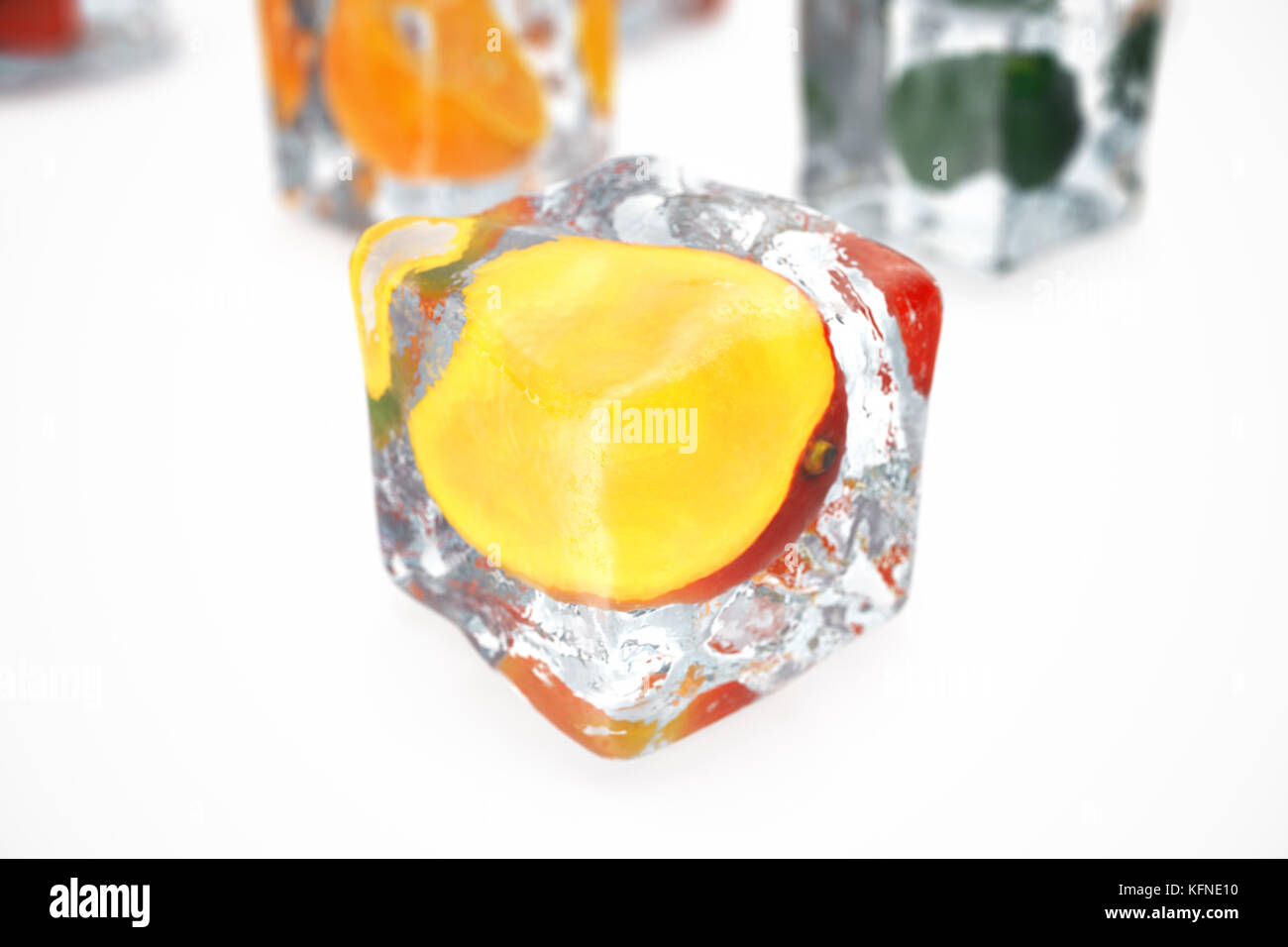 Mango in ice cube isolated on white with depth of field effects. Ice ...