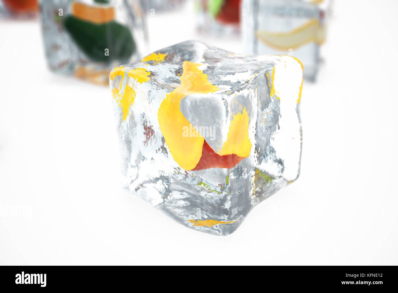 Mango in ice cube isolated on white with depth of field effects. Ice ...