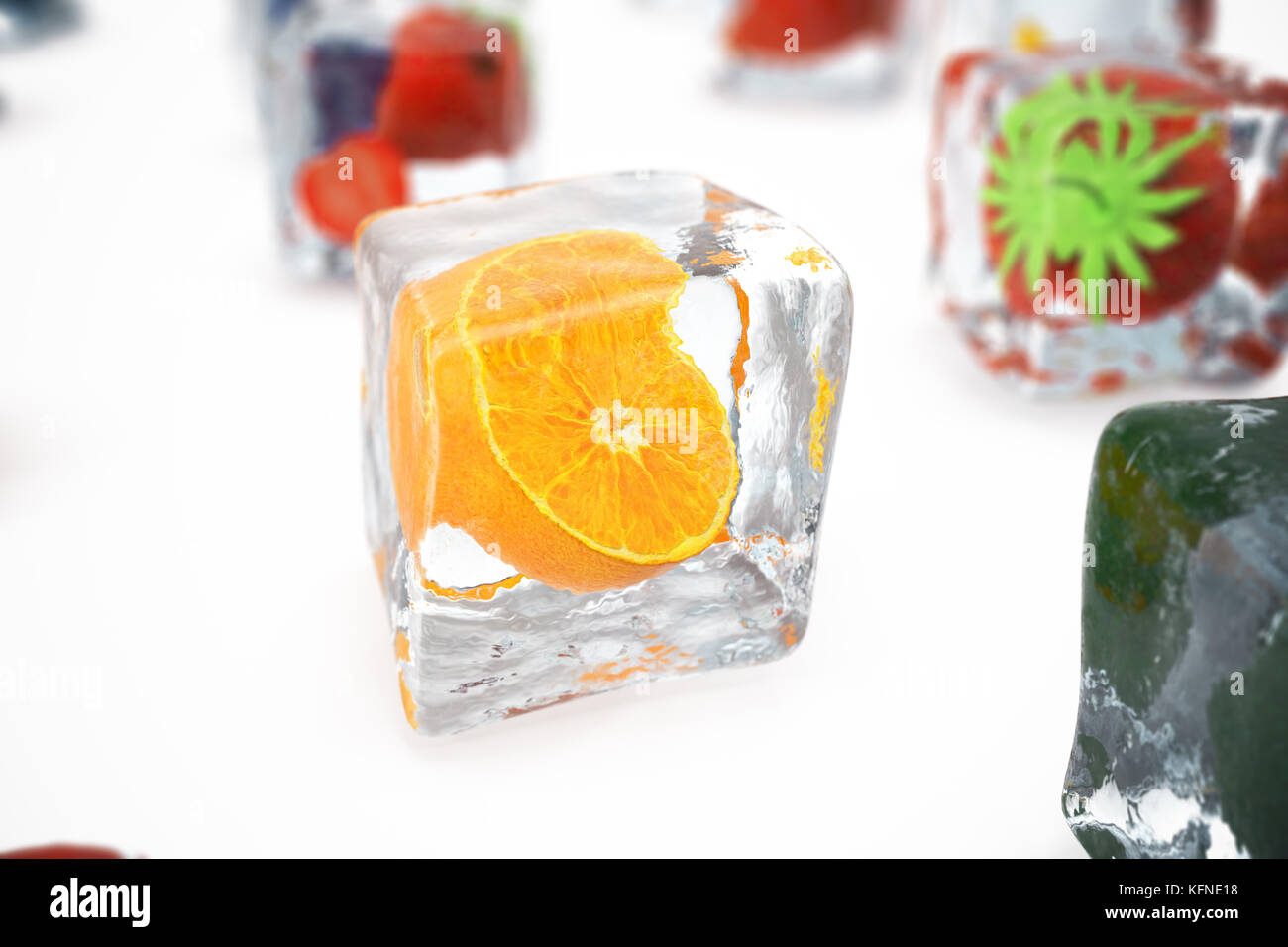 Orange in ice cube isolated on white with depth of field effects. Ice ...