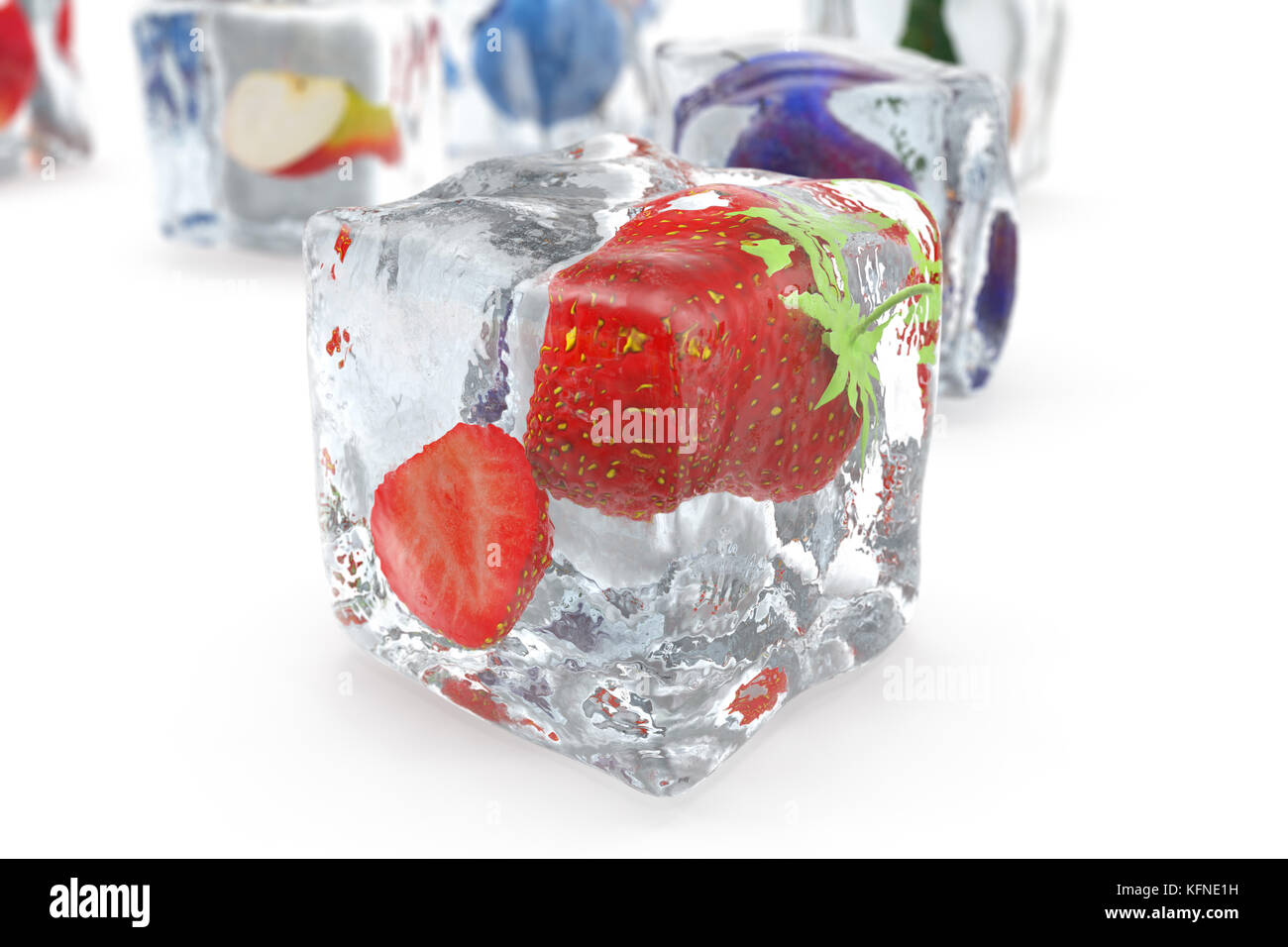 Strawberry in ice cube isolated on white with depth of field effects ...
