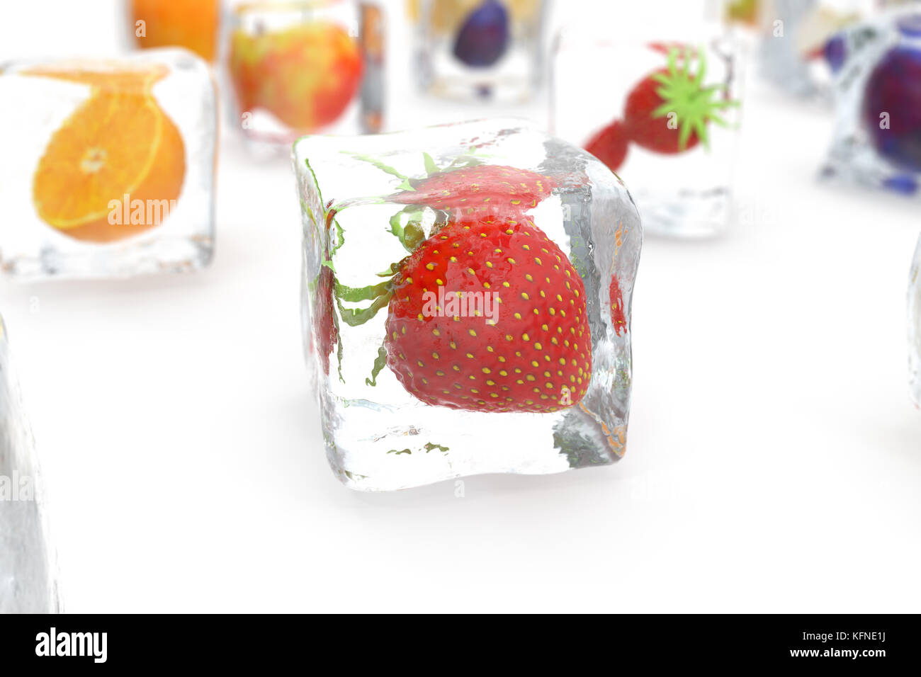 Strawberry in ice cube isolated on white with depth of field effects ...