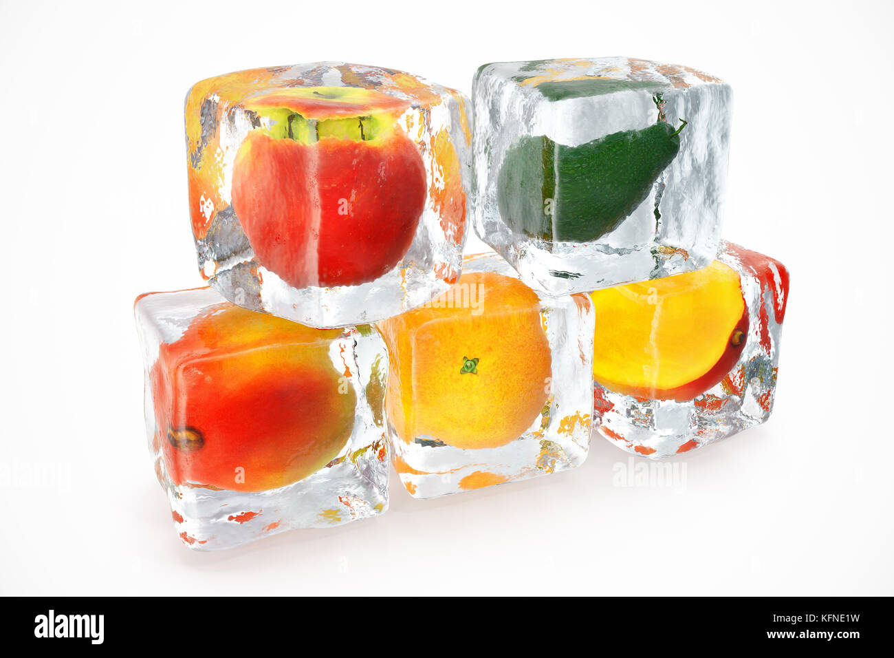 Fruits in ice cube isolated on white with depth of field effects. Ice ...