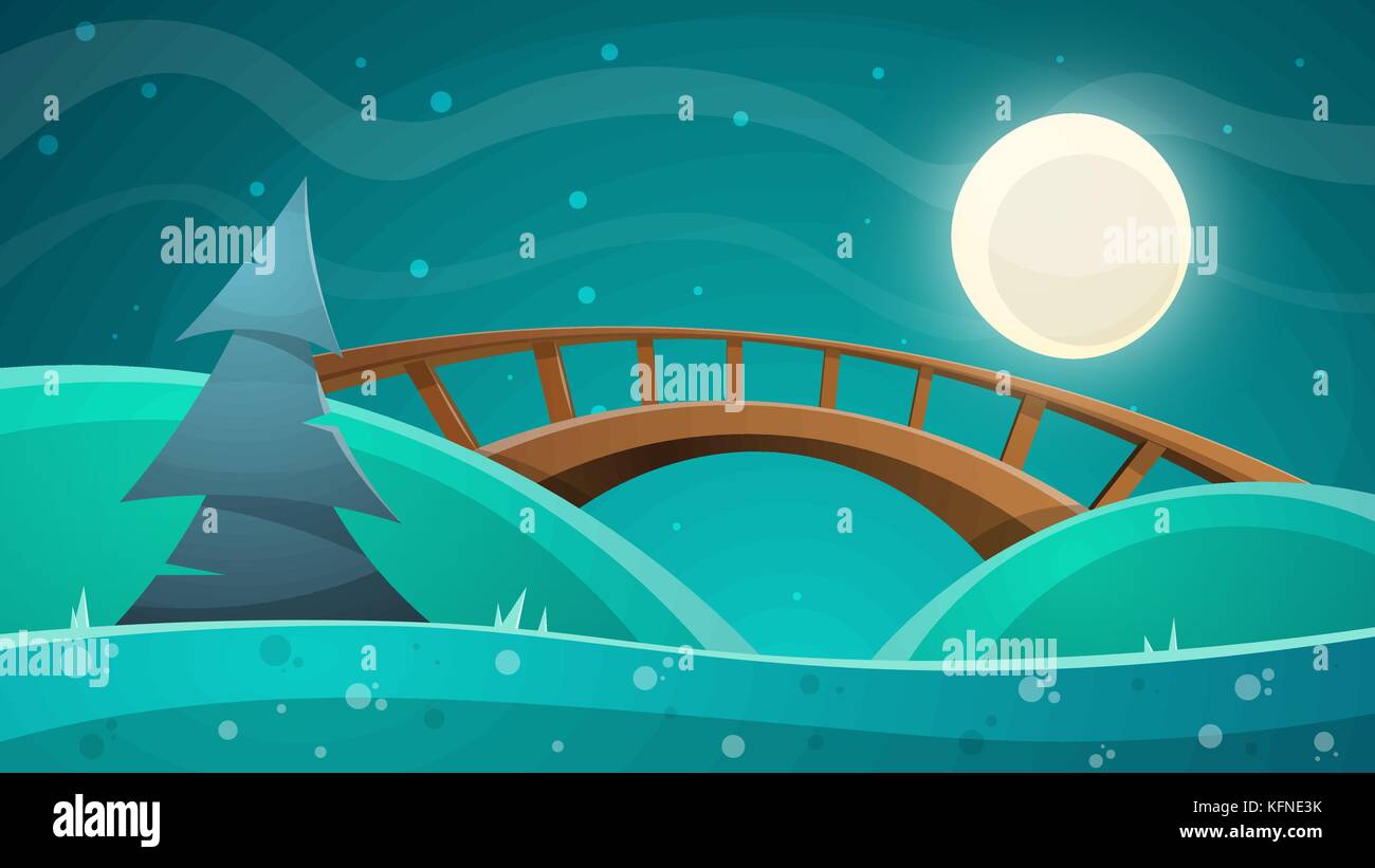 Cartoon night landscape. Moon, bridge, fir, sky illustration Stock ...