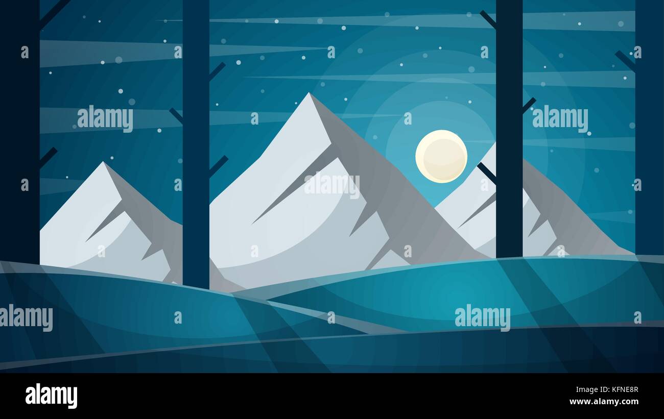Travel night cartoon landscape. Tree, mountain, comet, star, moo Stock ...