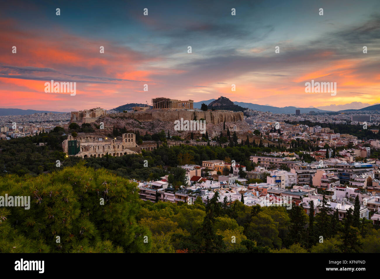 View of Acropolis from Filopappou hill at sunrise, Greece Stock Photo ...