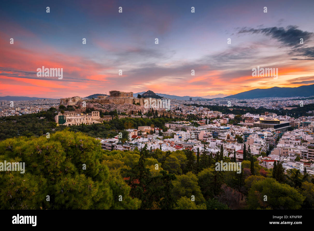 View of Acropolis from Filopappou hill at sunrise, Greece Stock Photo ...