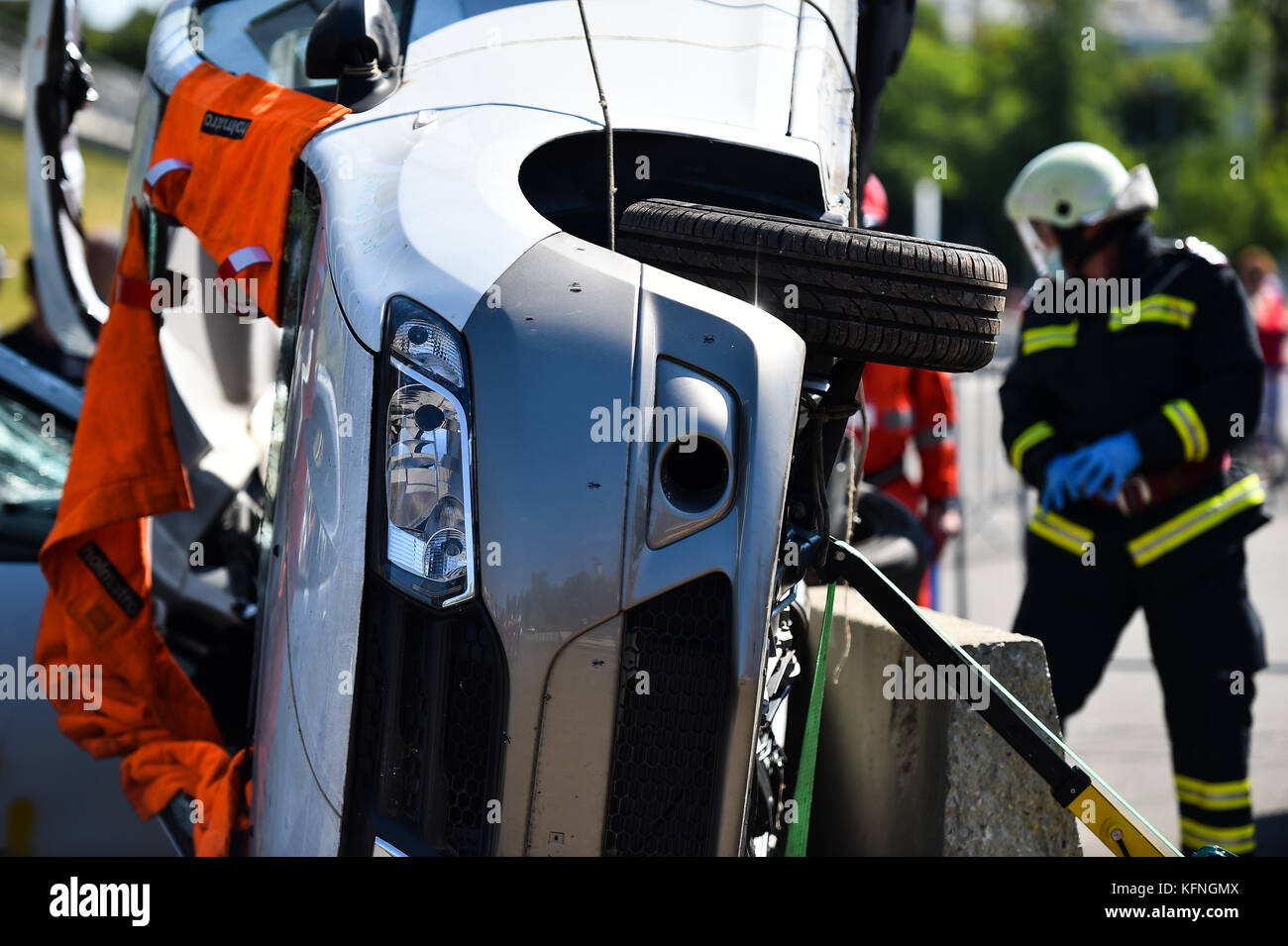 Scene of a car crash and emergency rescue service in action Stock Photo ...