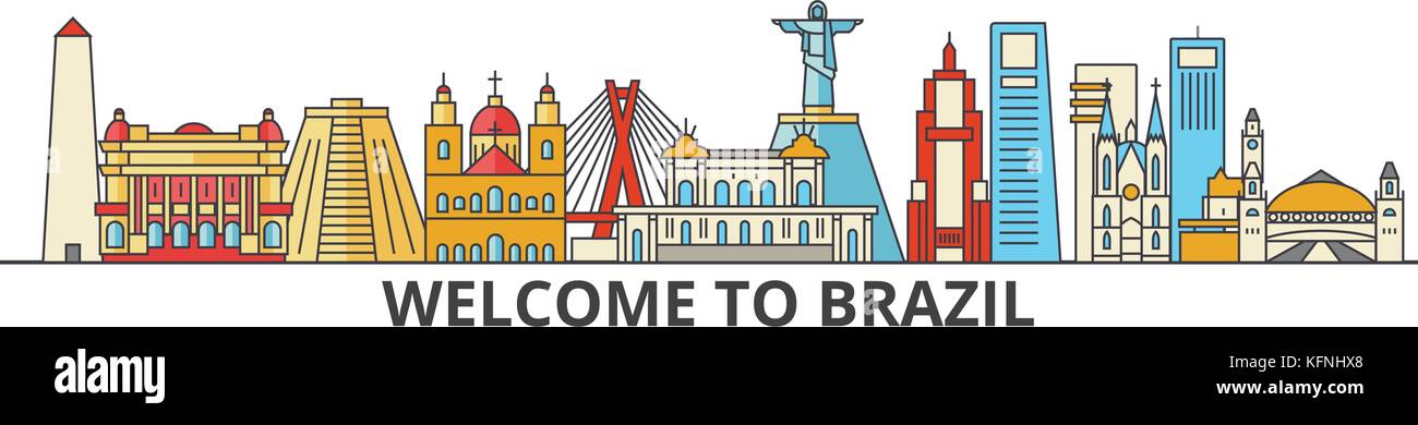 Brazil outline skyline, brazilian flat thin line icons, landmarks ...