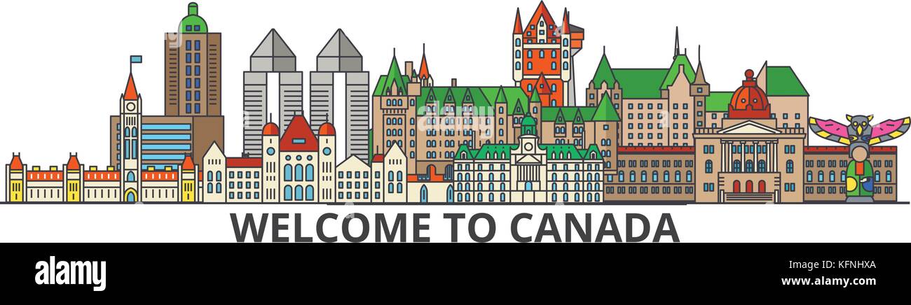 Canada outline skyline, canadian flat thin line icons, landmarks ...