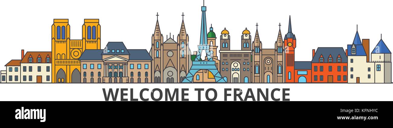 France outline skyline, french flat thin line icons, landmarks ...