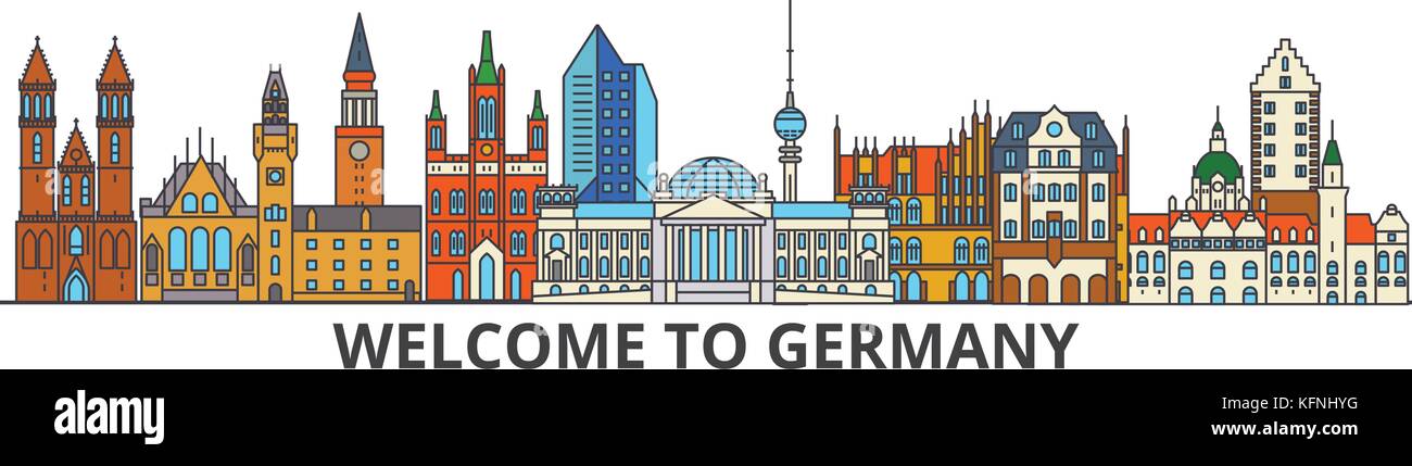 Germany outline skyline, german flat thin line icons, landmarks ...