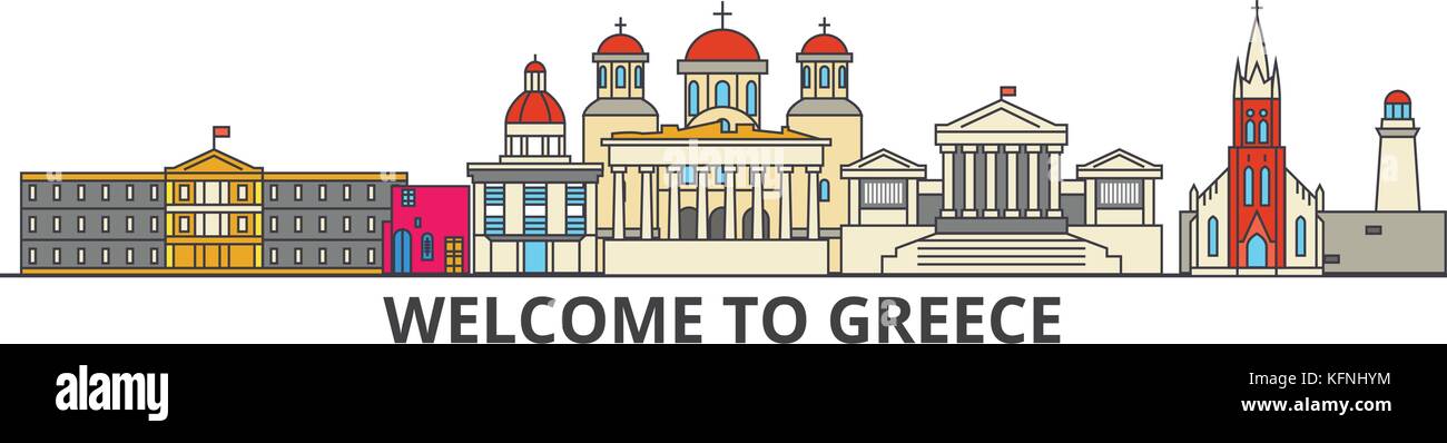 Greece outline skyline, greek flat thin line icons, landmarks ...