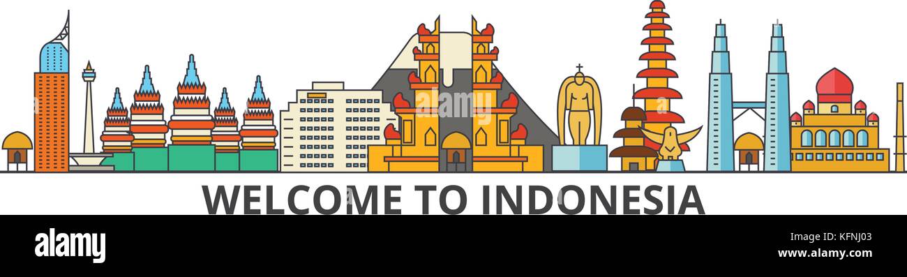 Indonesia outline skyline, indonesian flat thin line icons, landmarks ...