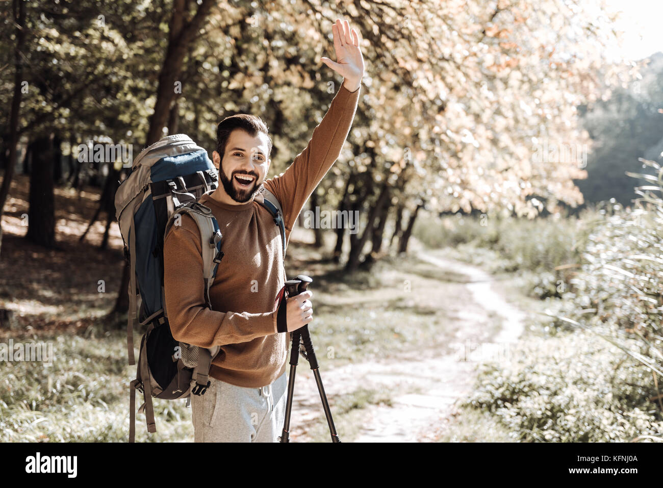 Cheerful traveller waving his hand Stock Photo - Alamy
