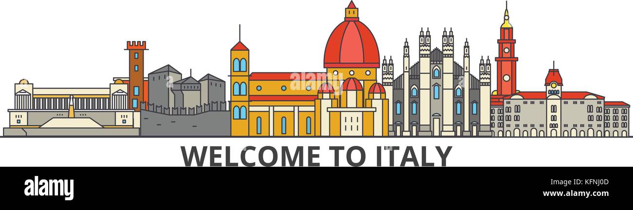 Italy outline skyline, italian flat thin line icons, landmarks ...