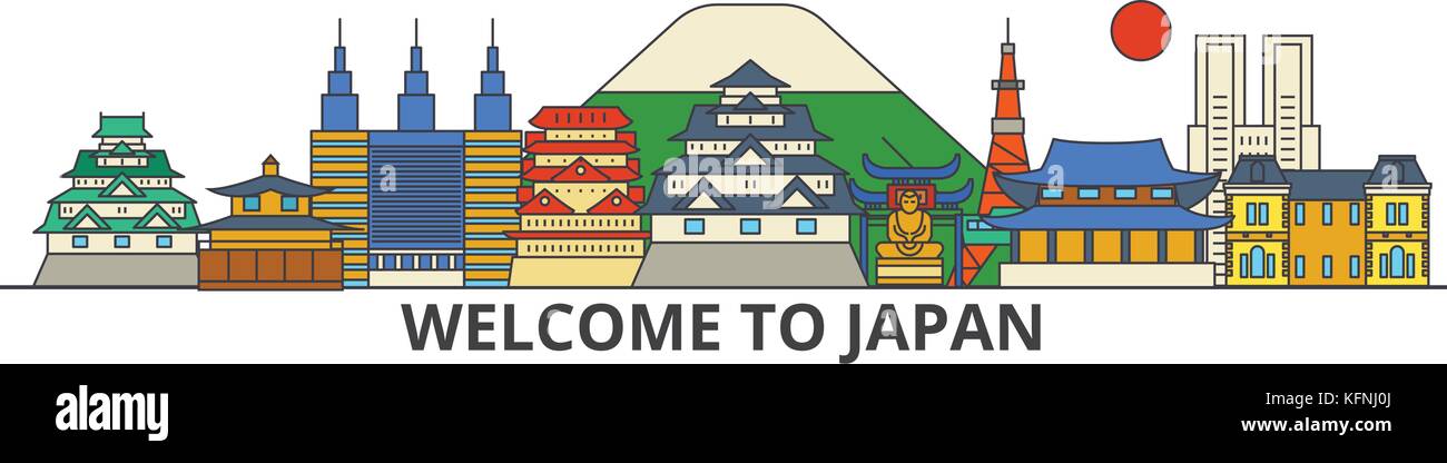 Japan outline skyline, japanese flat thin line icons, landmarks ...