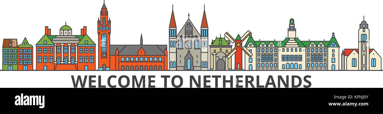 Netherlands outline skyline, dutch flat thin line icons, landmarks ...