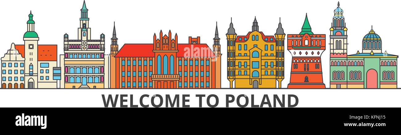 Poland outline skyline, polish flat thin line icons, landmarks ...