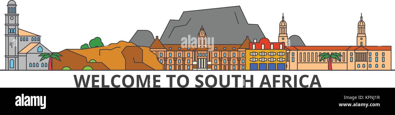 South Africa outline skyline, african flat thin line icons, landmarks ...
