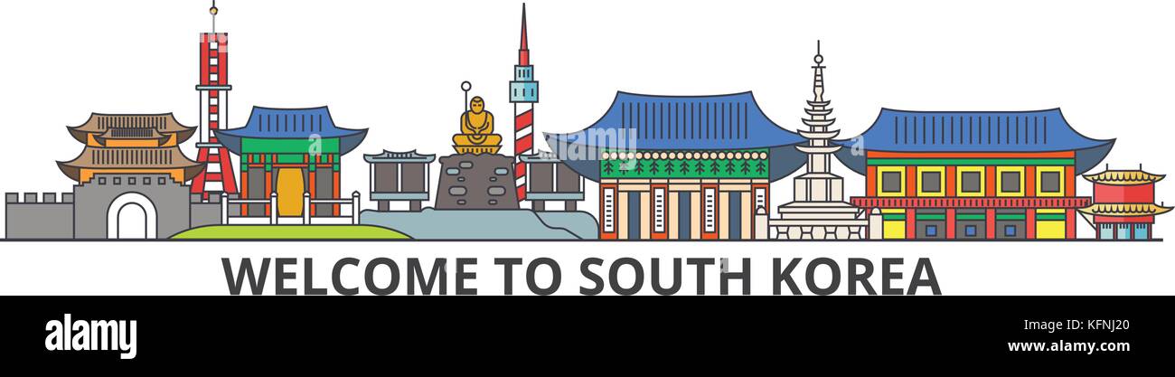South Korea outline skyline, korean flat thin line icons, landmarks ...