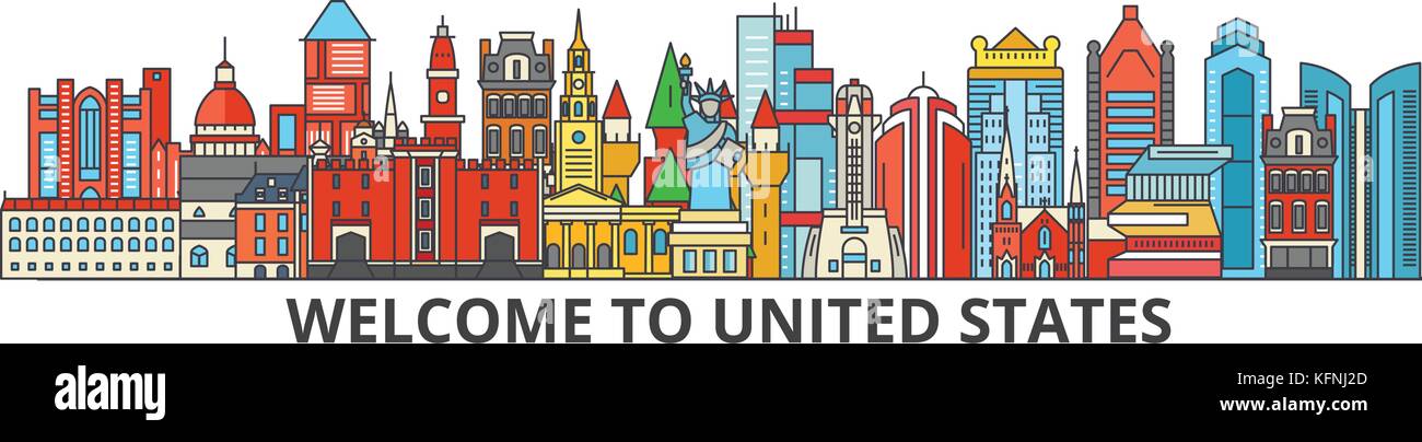 United States outline skyline, american flat thin line icons, landmarks ...