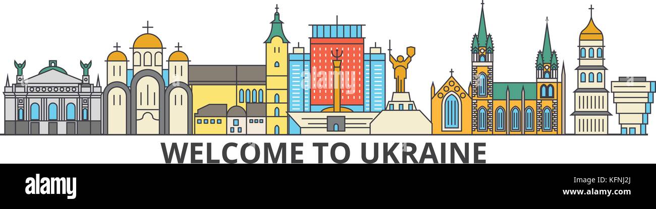 Ukraine outline skyline, ukranian flat thin line icons, landmarks ...