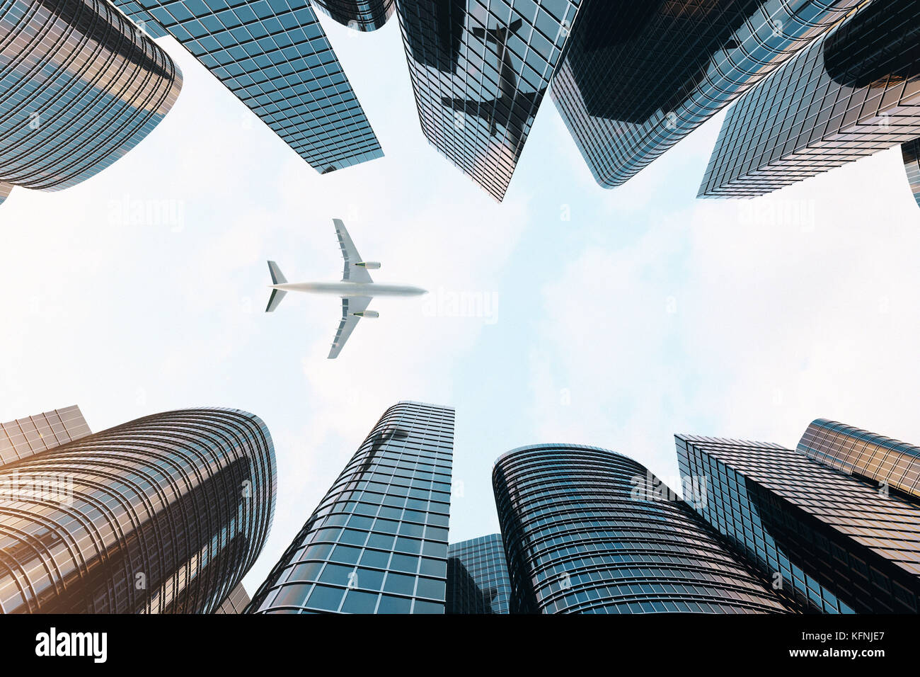 Low angle view of skyscrapers. Skyscrapers at sunset looking up ...