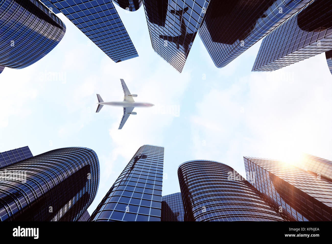 Low angle view of skyscrapers. Skyscrapers at sunset looking up ...