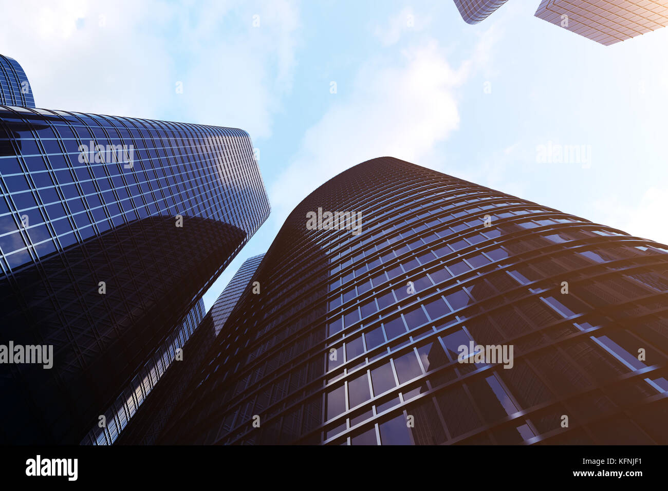 Low angle view of skyscrapers. Skyscrapers at sunset looking up ...