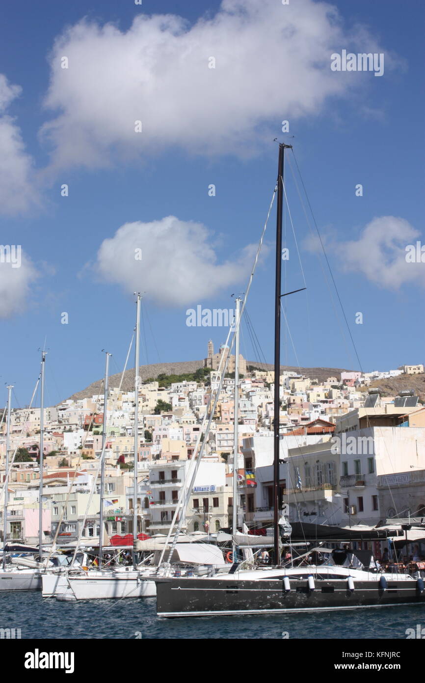 Boats in the harbour at Syros Town, Cyclades Stock Photo - Alamy
