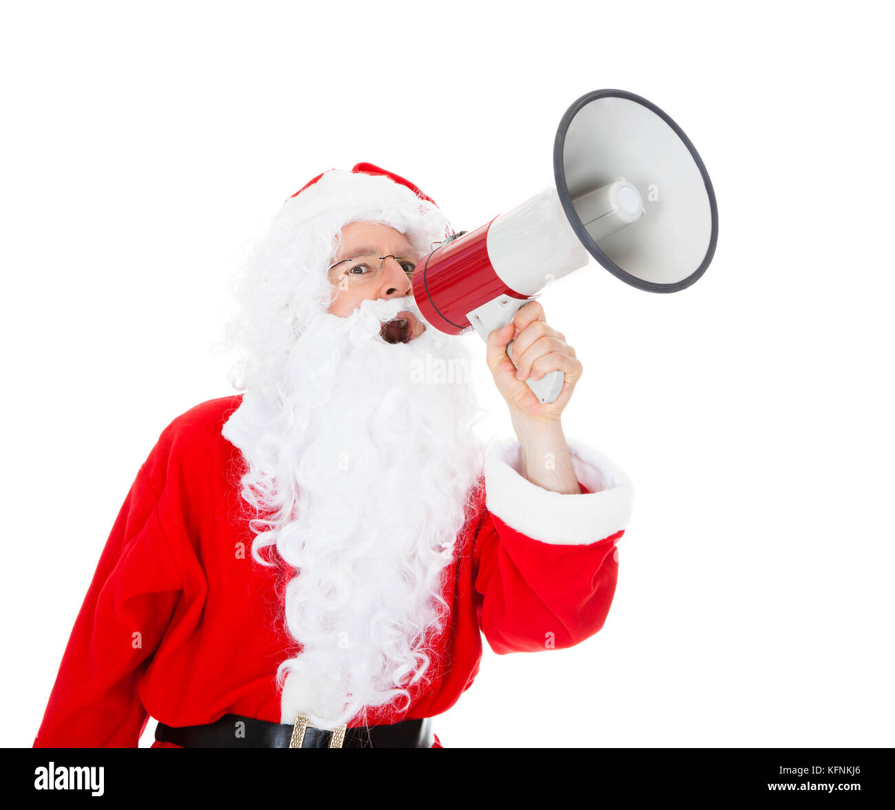 Portrait of santa shouting in megaphone over white background Stock ...
