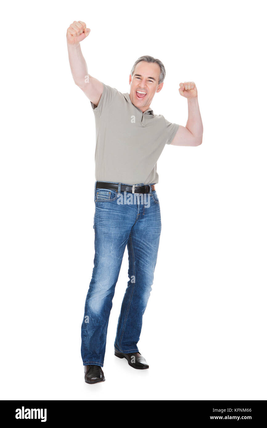 Mature Man Raising His Hands isolated on White Background Stock Photo ...