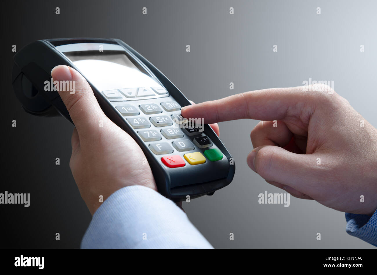 Hand using credit card payment machine. card machine terminal payment ...