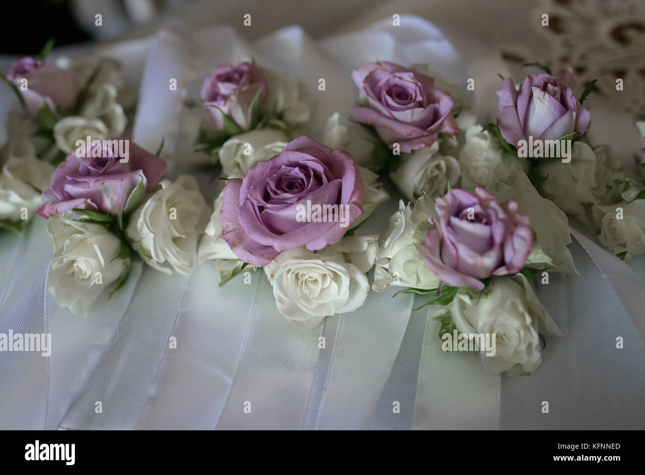 Floral arrangement with thin paper purple roses, accessory for weddings ...