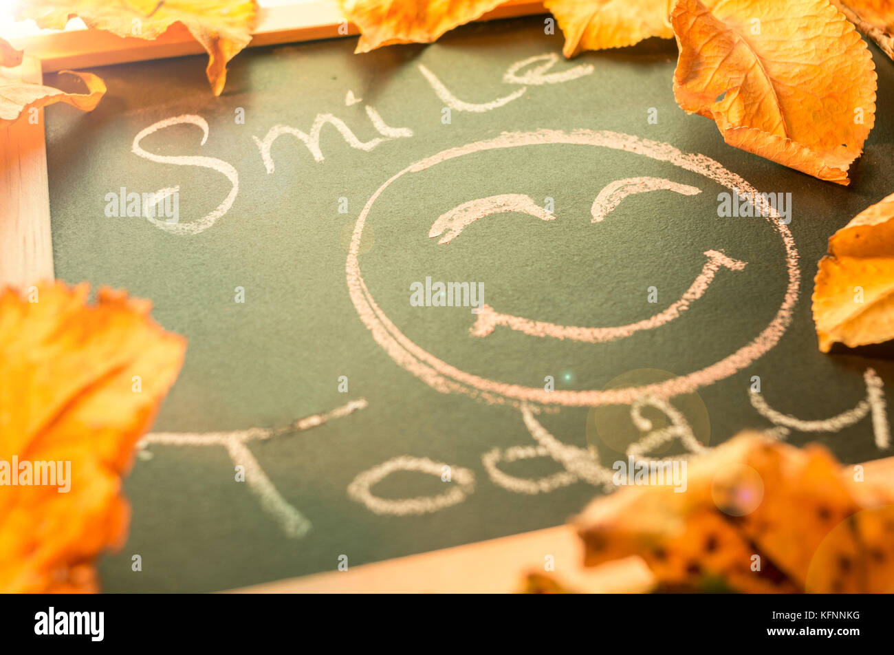 Smile Today message on Chalk Board, decorated with autumn leafs Stock ...