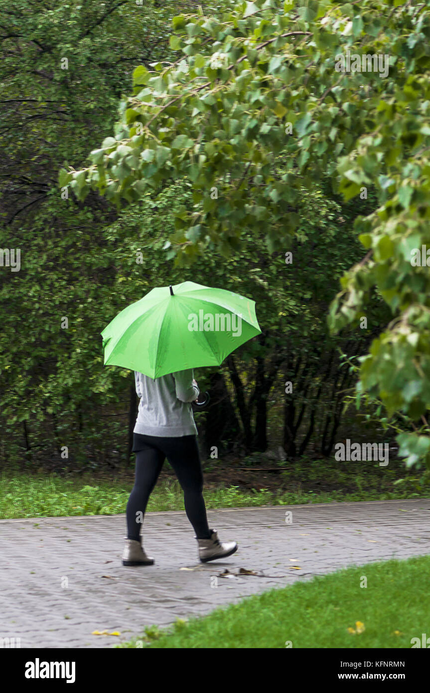 Woman with umbrella covering from the rain. Rear view. From behind ...