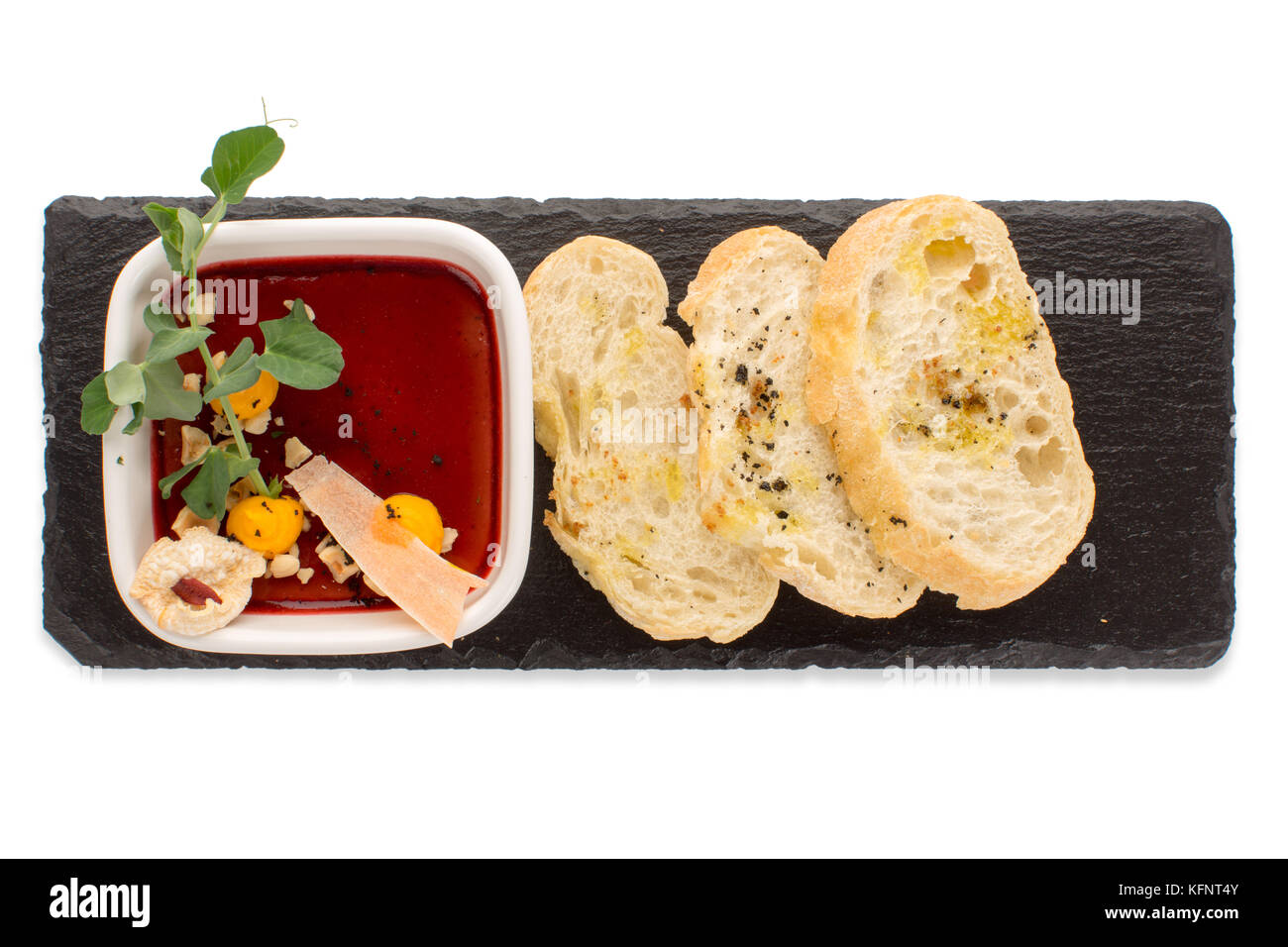 Served bread slices and pate on slate Isolated Stock Photo - Alamy