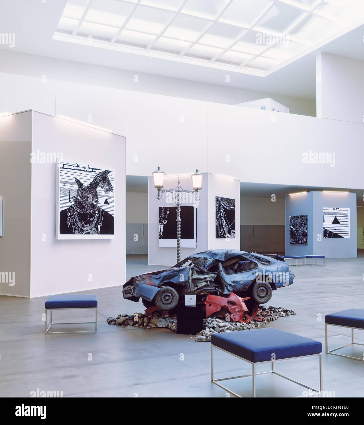 the crashed car as an object of modern art. Humor concept. 3d rendering ...