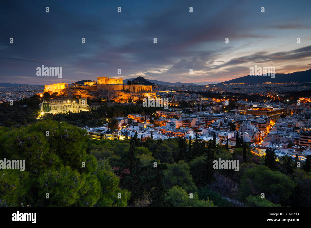 View of Acropolis from Filopappou hill at sunrise, Greece Stock Photo ...