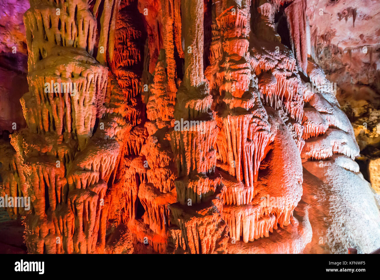 Venetsa Cave in Bulgaria. Beautiful colorful and illuminated cave full ...