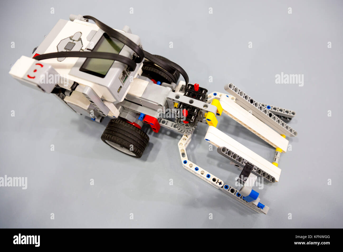 A remote control robot made from building blocks assembled by children ...