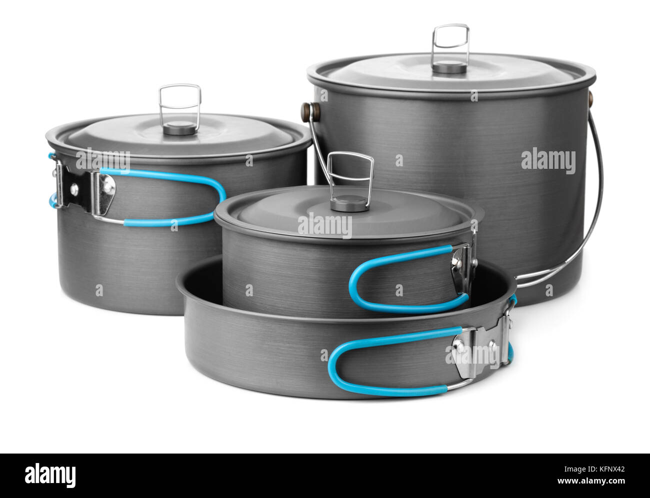 Camping cookware set isolated on white Stock Photo - Alamy