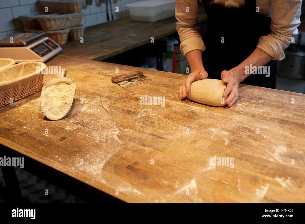 baker making bread dough at bakery kitchen Stock Photo - Alamy